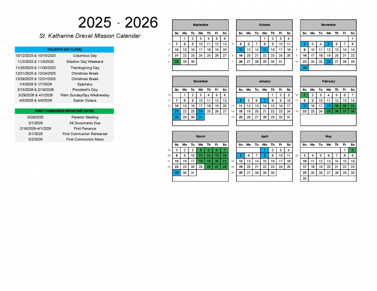 First Communion Calendar – St. Katharine Drexel Mission